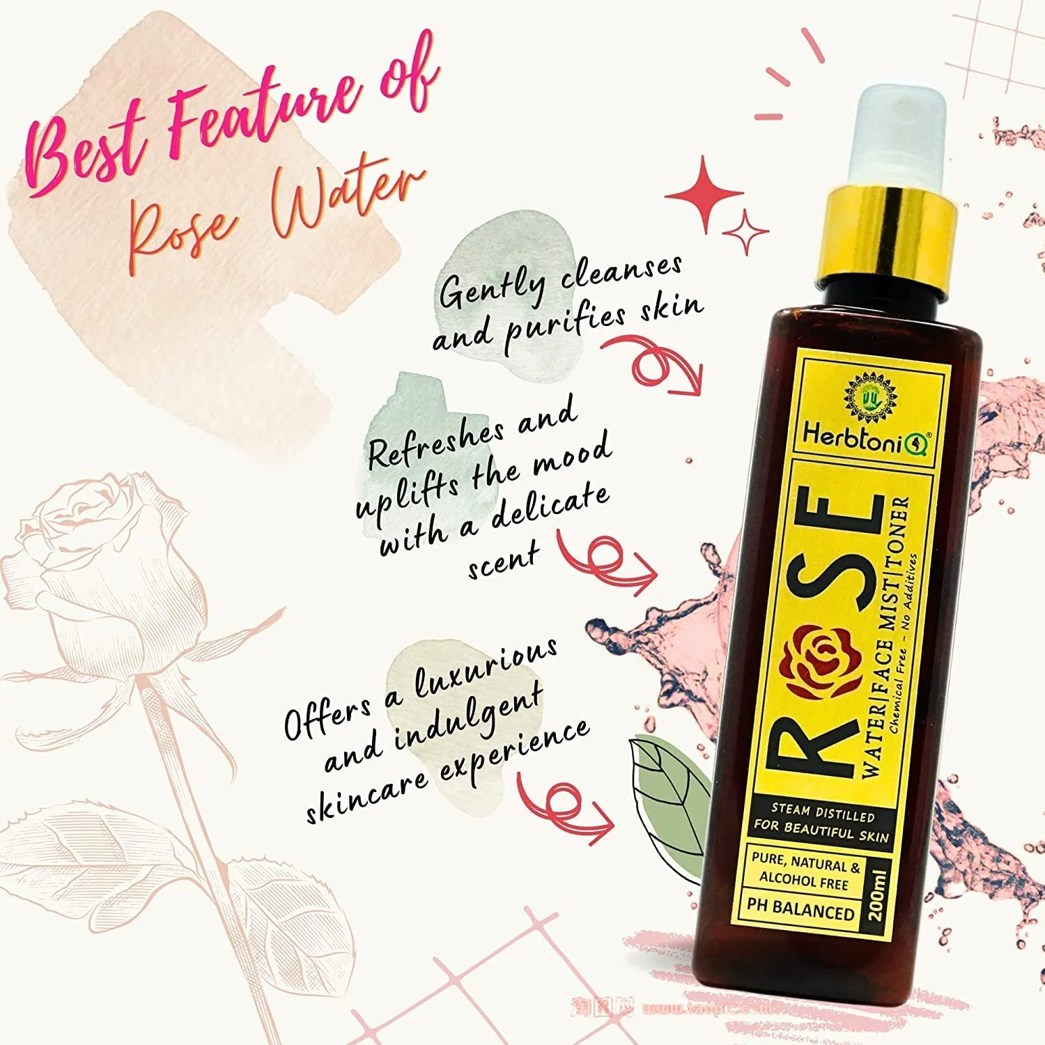 HerbtoniQ Pure & Natural Rose Water Skin Toner (200 ml) with Aloe Vera ...